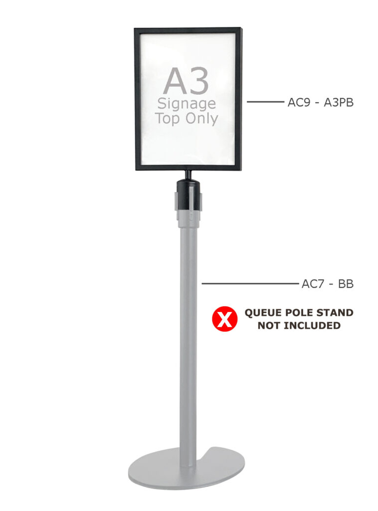 Queue Pole Signage Black (A3 Portrait) - Top Only - Events Partner